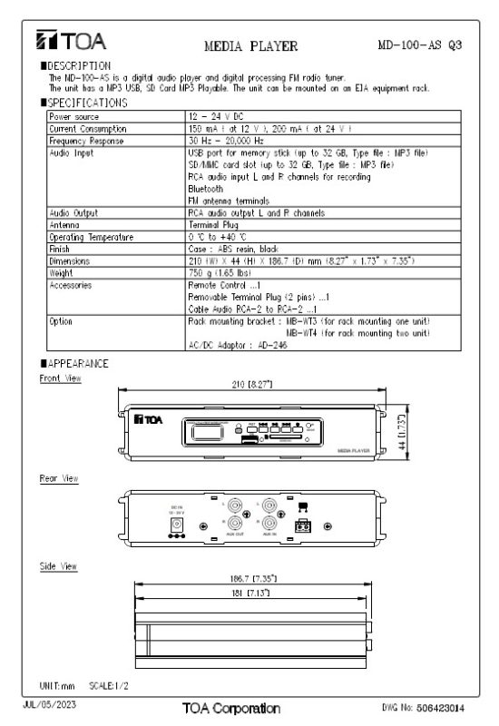 Đầu phát nhạc nền Toa MD-100-AS - Technologys - Solutions